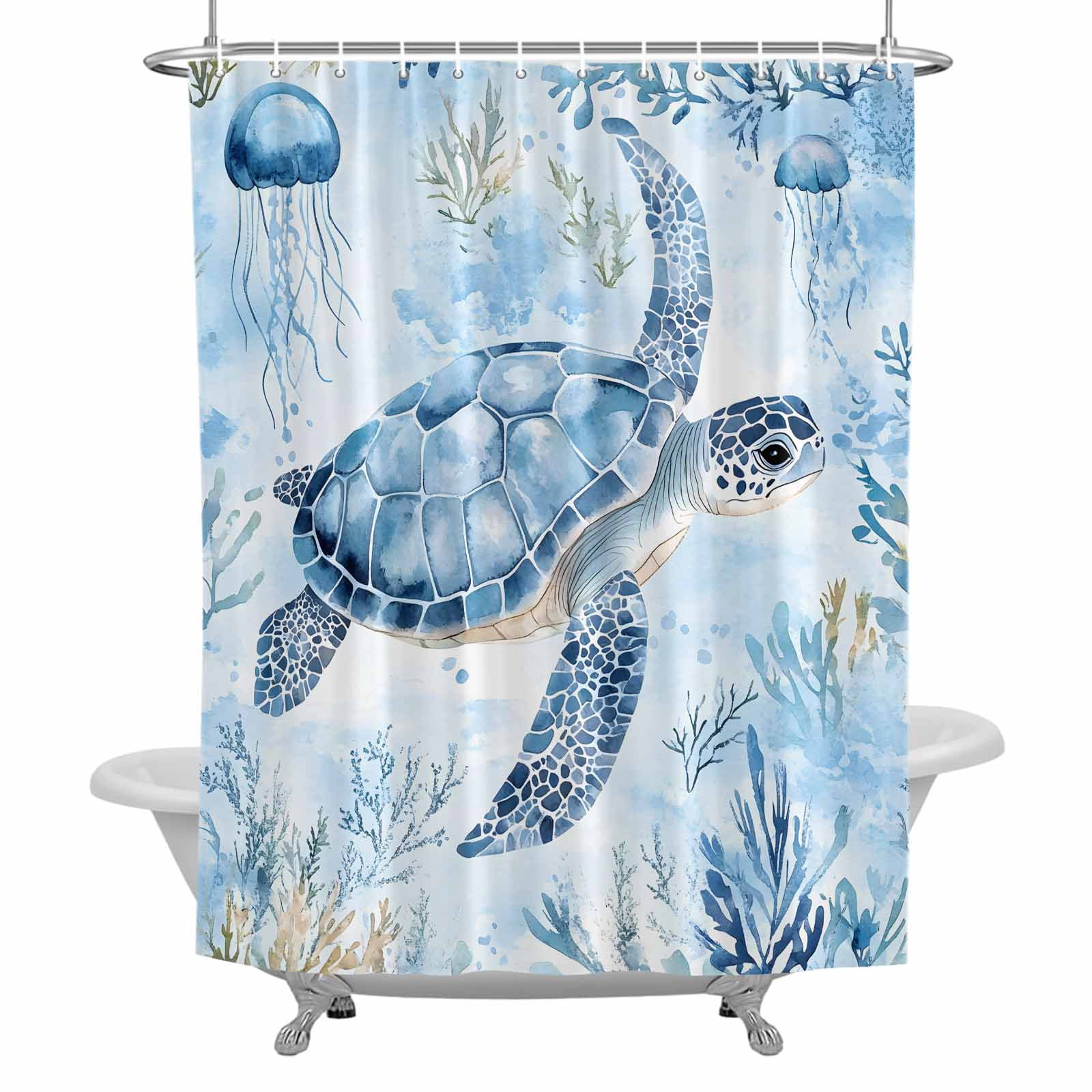 Blue Sea Bathroom Shower Curtain, Turtles Jellyfish Corals Marine Life ...