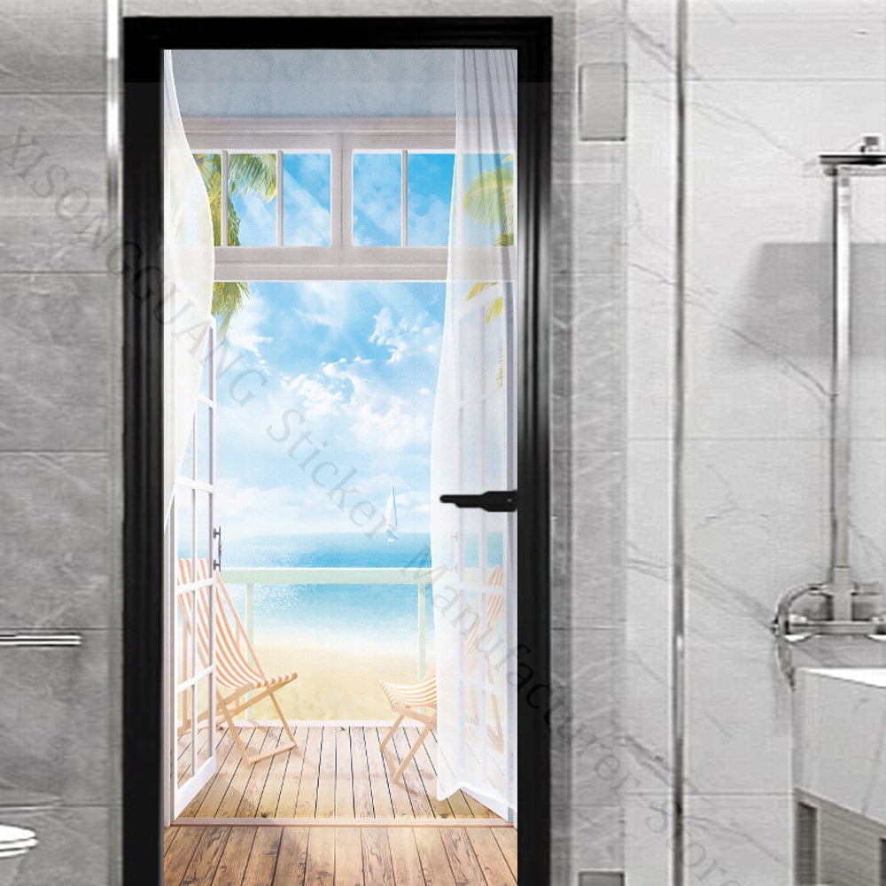 Blue Sea Beach Curtain Self-adhesive Door Stickers Home Decor DIY ...