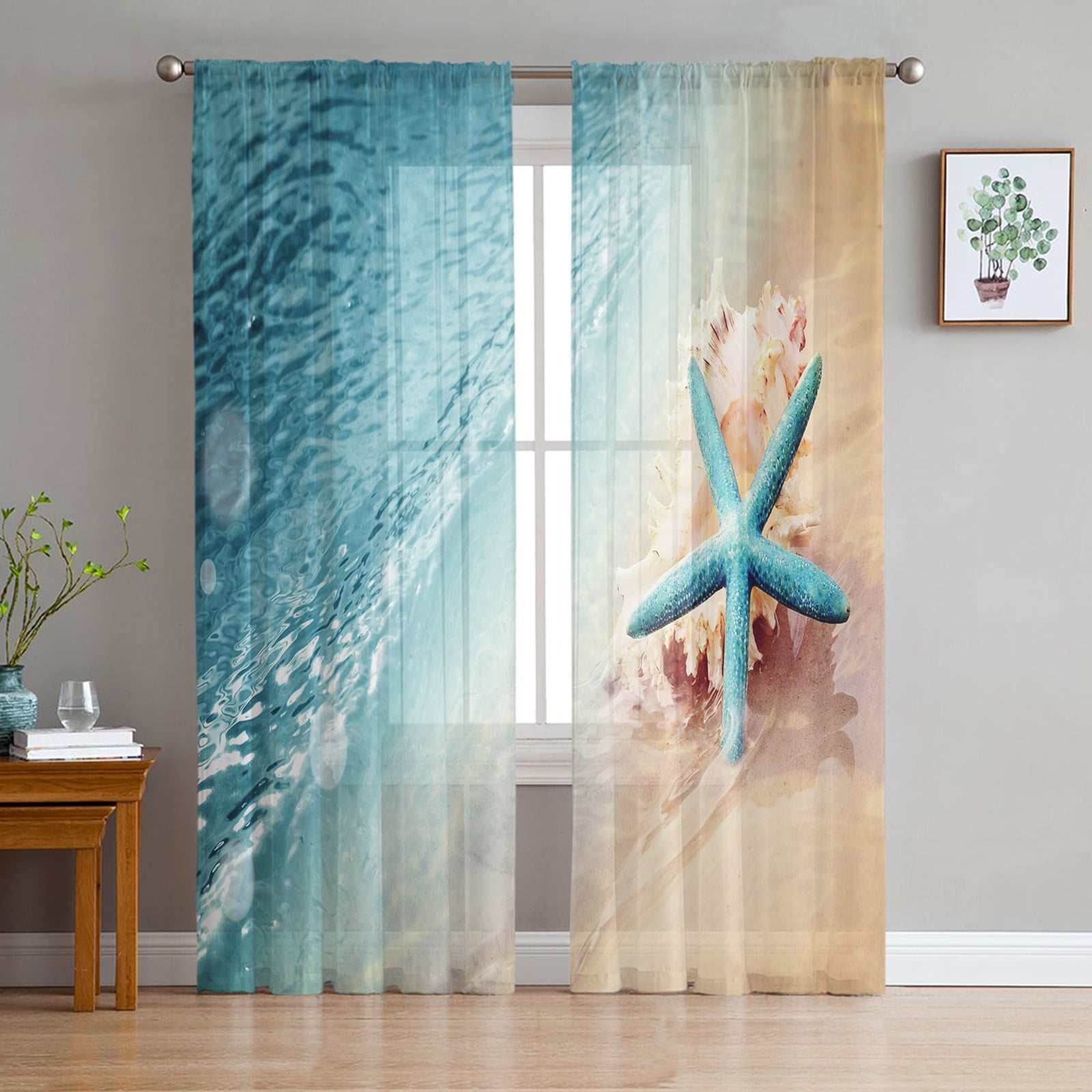 Blue Sea Beach Star Shells Sheer Curtains for Living Room ration Window ...