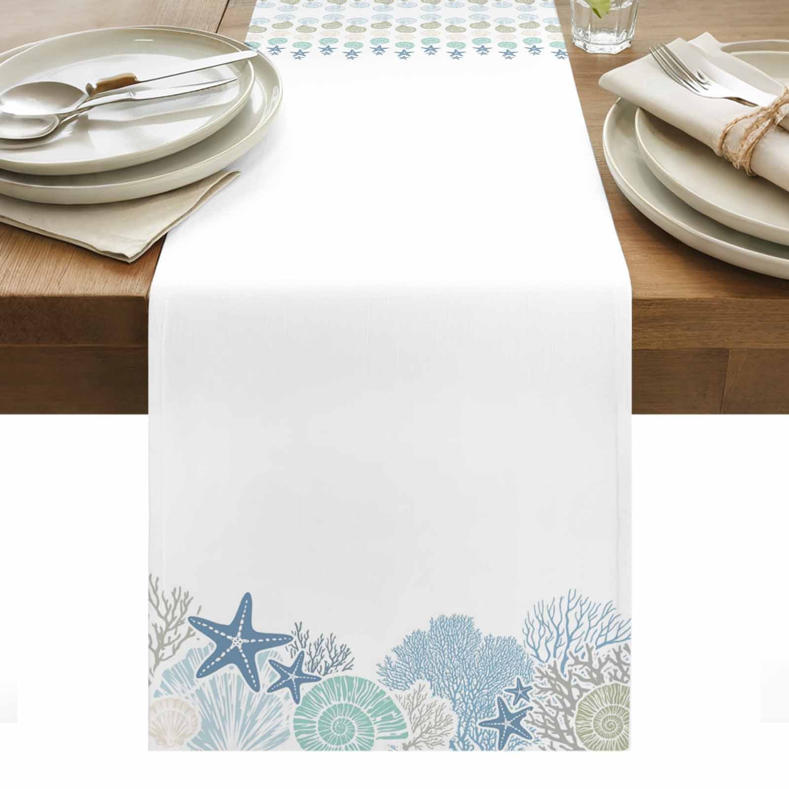 Blue Sea Cotton Linen Table Runner Nautical Ocean Watercolor Shells ...