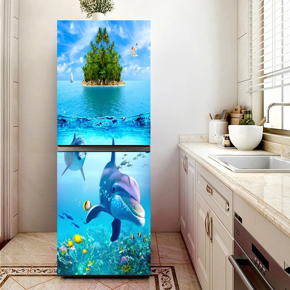 Blue Sea Dolphin Fridge Stickers Flower Field Tiger Refrigerator ...