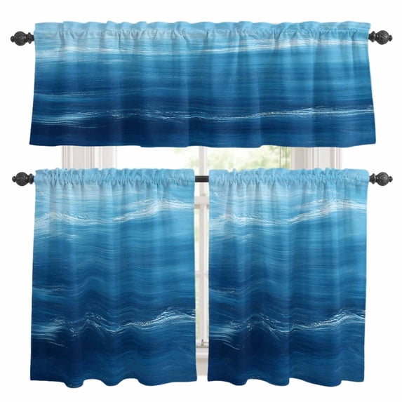 Blue Sea Kitchen Curtains Set for Windows, Abstract Gradient Ocean Wave ...