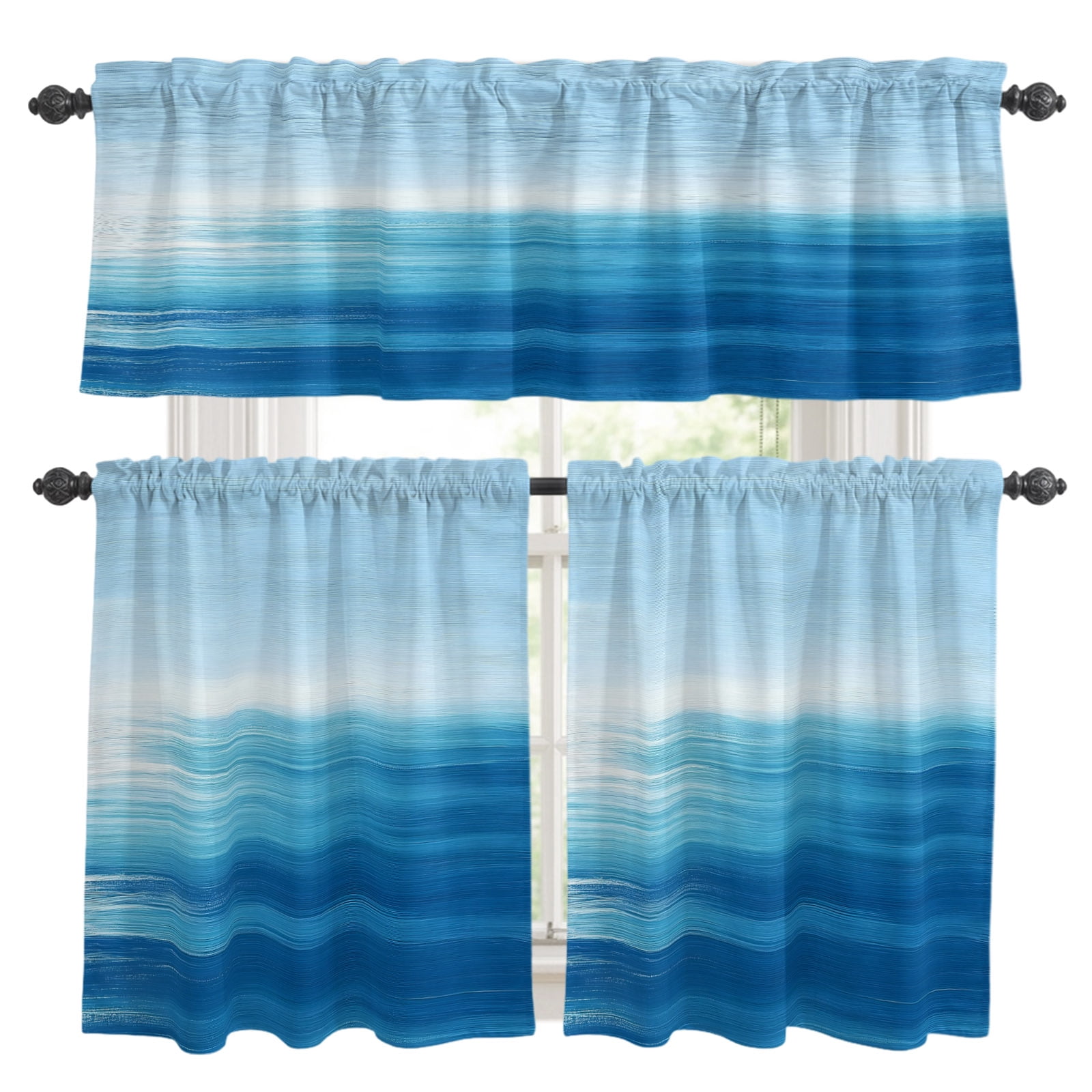 Blue Sea Kitchen Curtains Valance and Tier Set Horizon Abstract ...