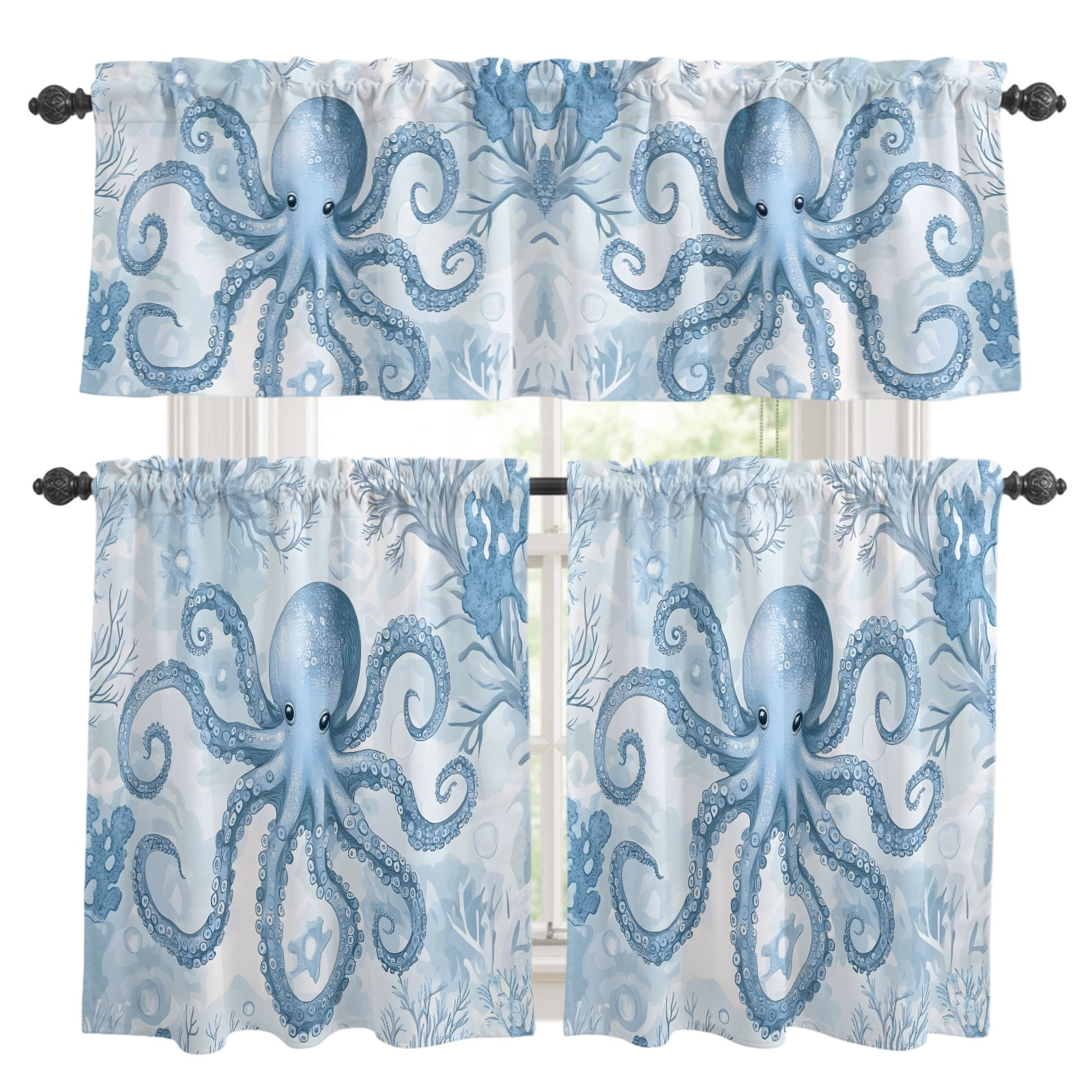 Blue Sea Octopus Kitchen Curtains Set for Windows, Watercolor Ocean ...