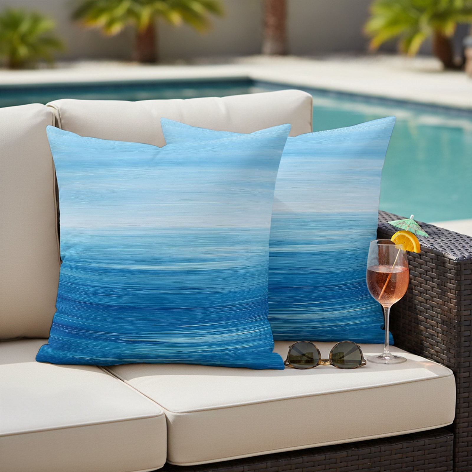 Blue Sea Outdoor Throw Pillow Covers Set of 2, Abstract Gradient Ocean ...