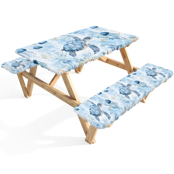 Blue Sea Picnic Table Cover with Bench Covers Turtles Jellyfish Corals ...