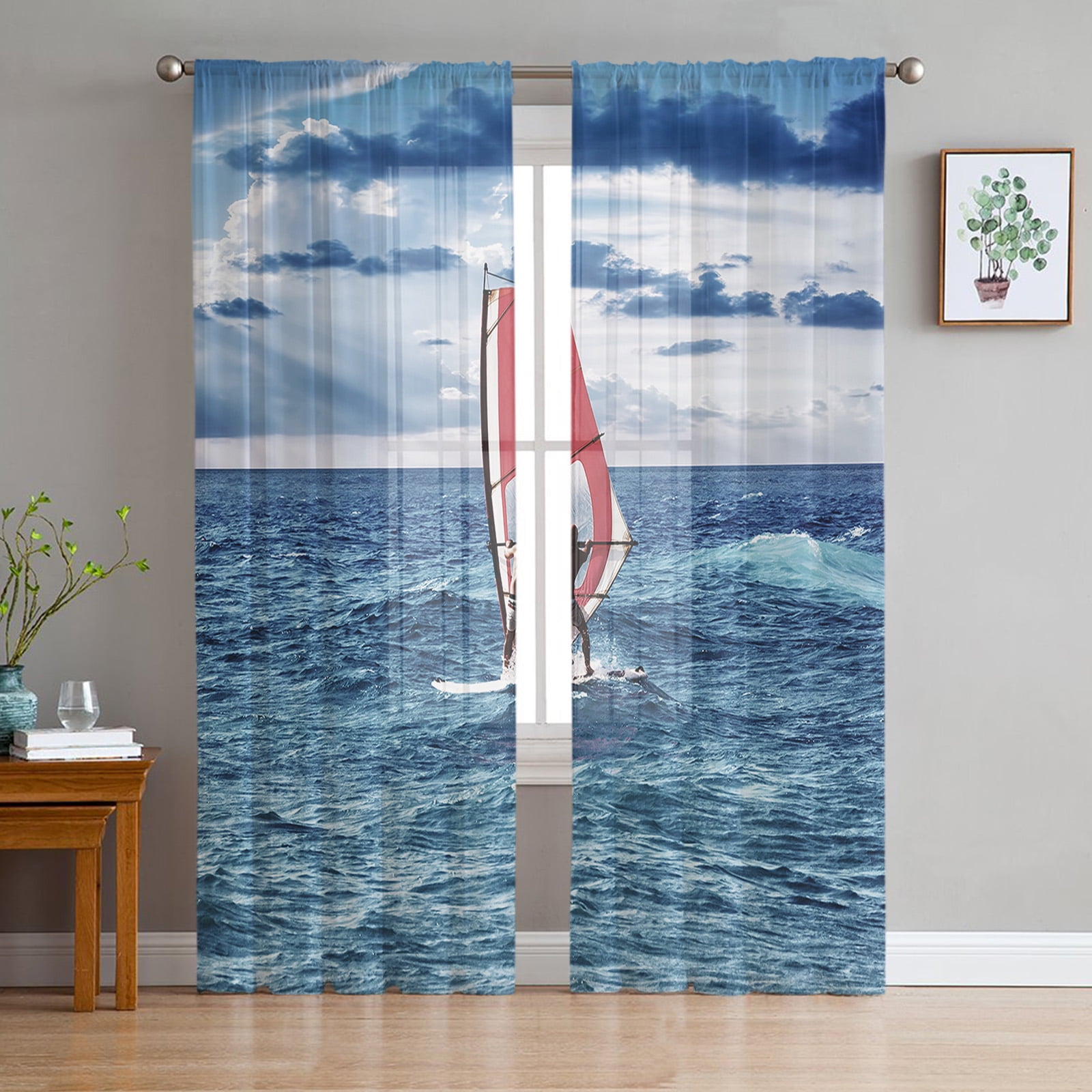 Blue Sea Sailboat Cloud Sunshine Texture Tulle In Sheer Curtains For ...