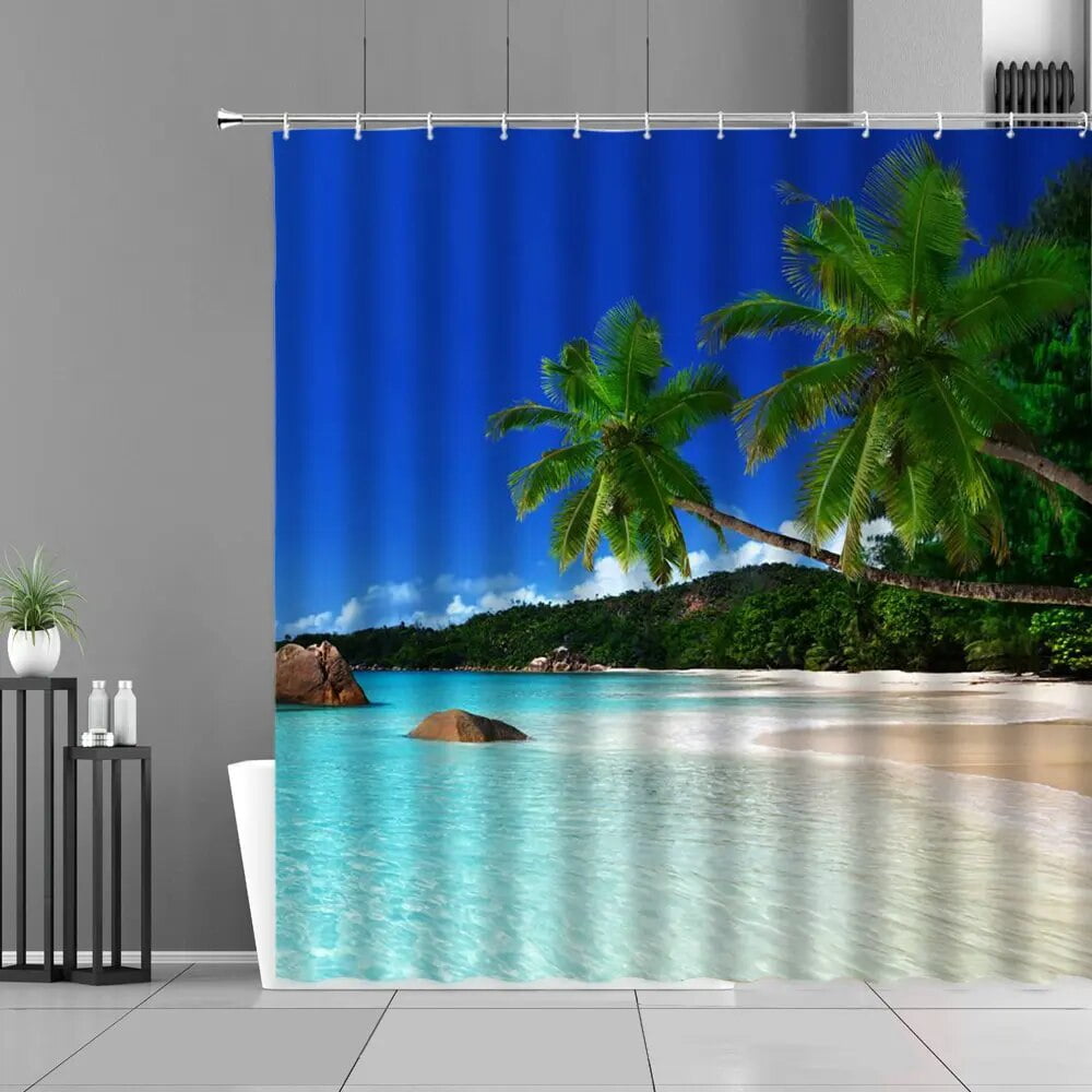 Blue Sea Scenery Coconut Tree Shower Curtain Summer Beach Sunny Sky