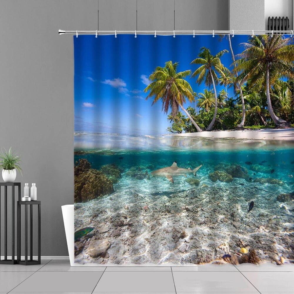 Blue Sea Scenery Coconut Tree Shower Curtain Summer Beach Sunny Sky