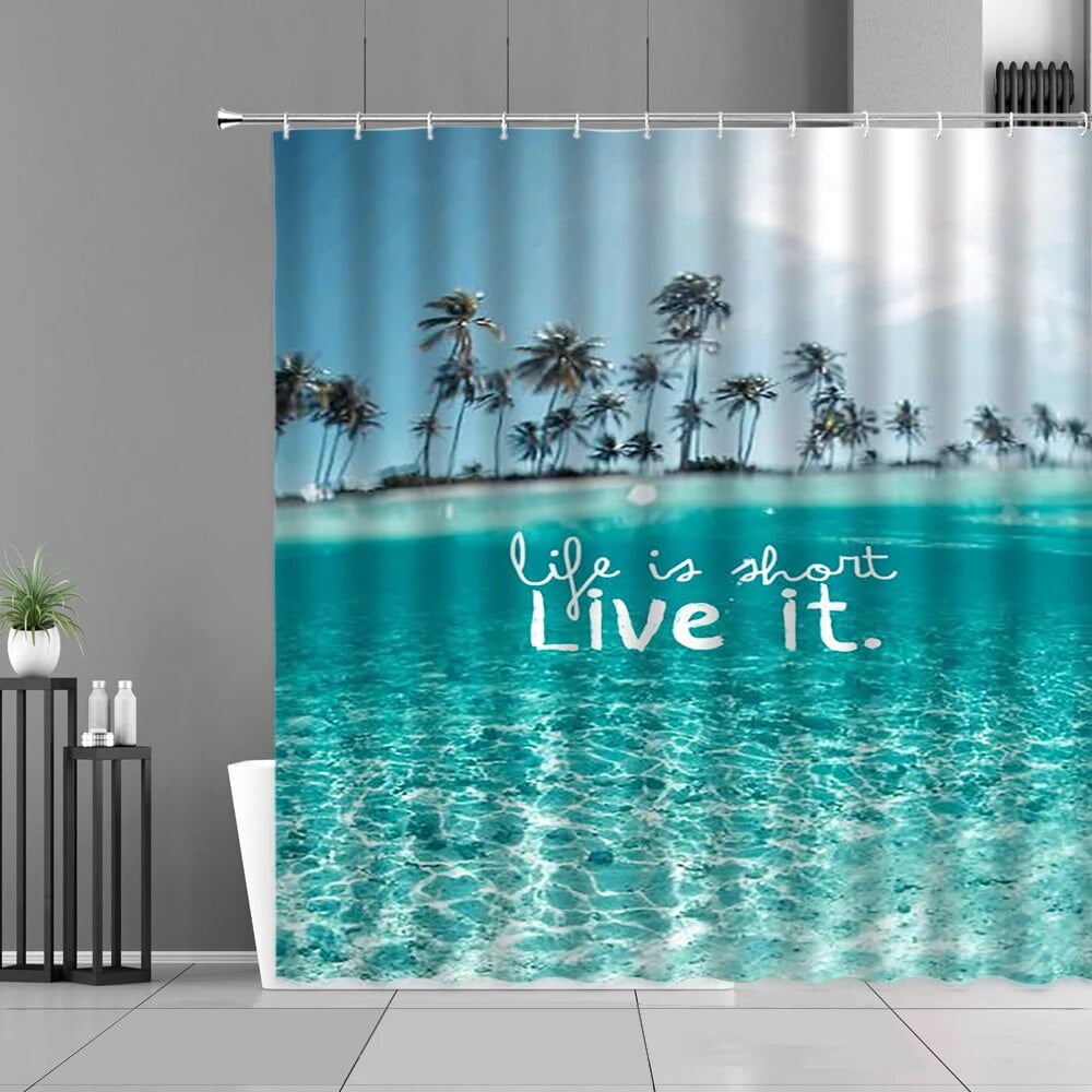 Blue Sea Scenery Coconut Tree Shower Curtain Summer Beach Sunny Sky