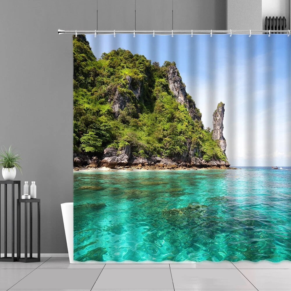 Blue Sea Scenery Coconut Tree Shower Curtain Summer Beach Sunny Sky