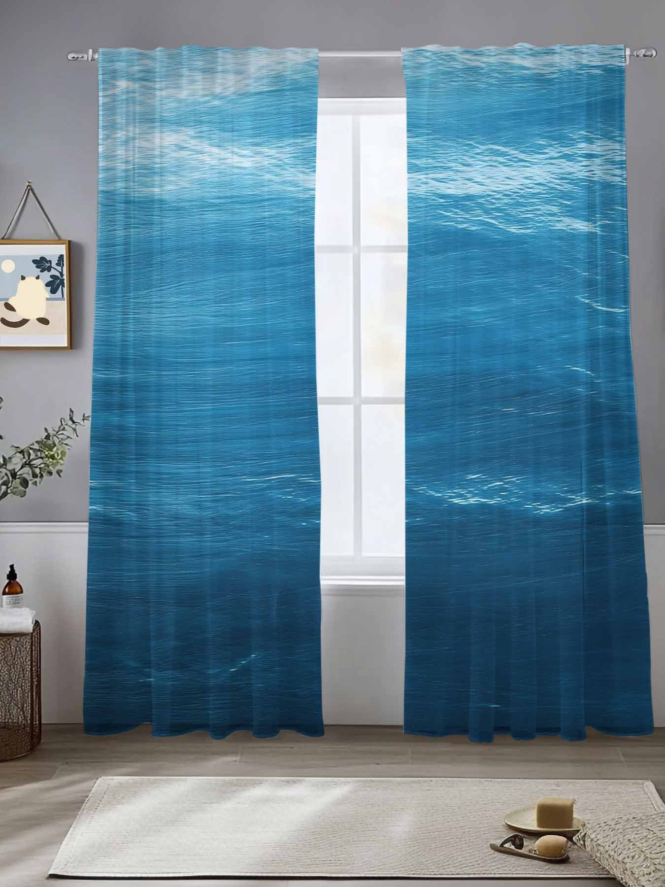 Blue Sea Sheer Curtains 108 Inches Long 2 Panels Abstract Natural ...
