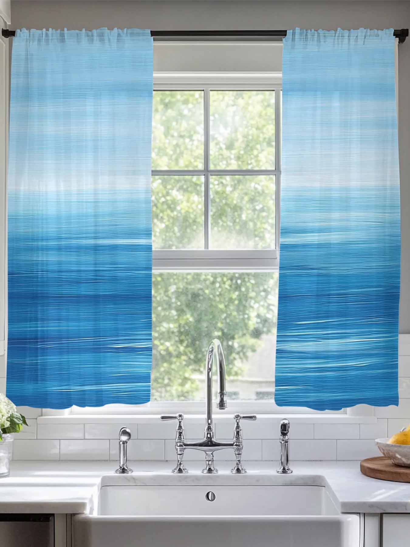 Blue Sea Sheer Curtains 72 Inches Long 2 Panels Abstract Gradient Ocean ...