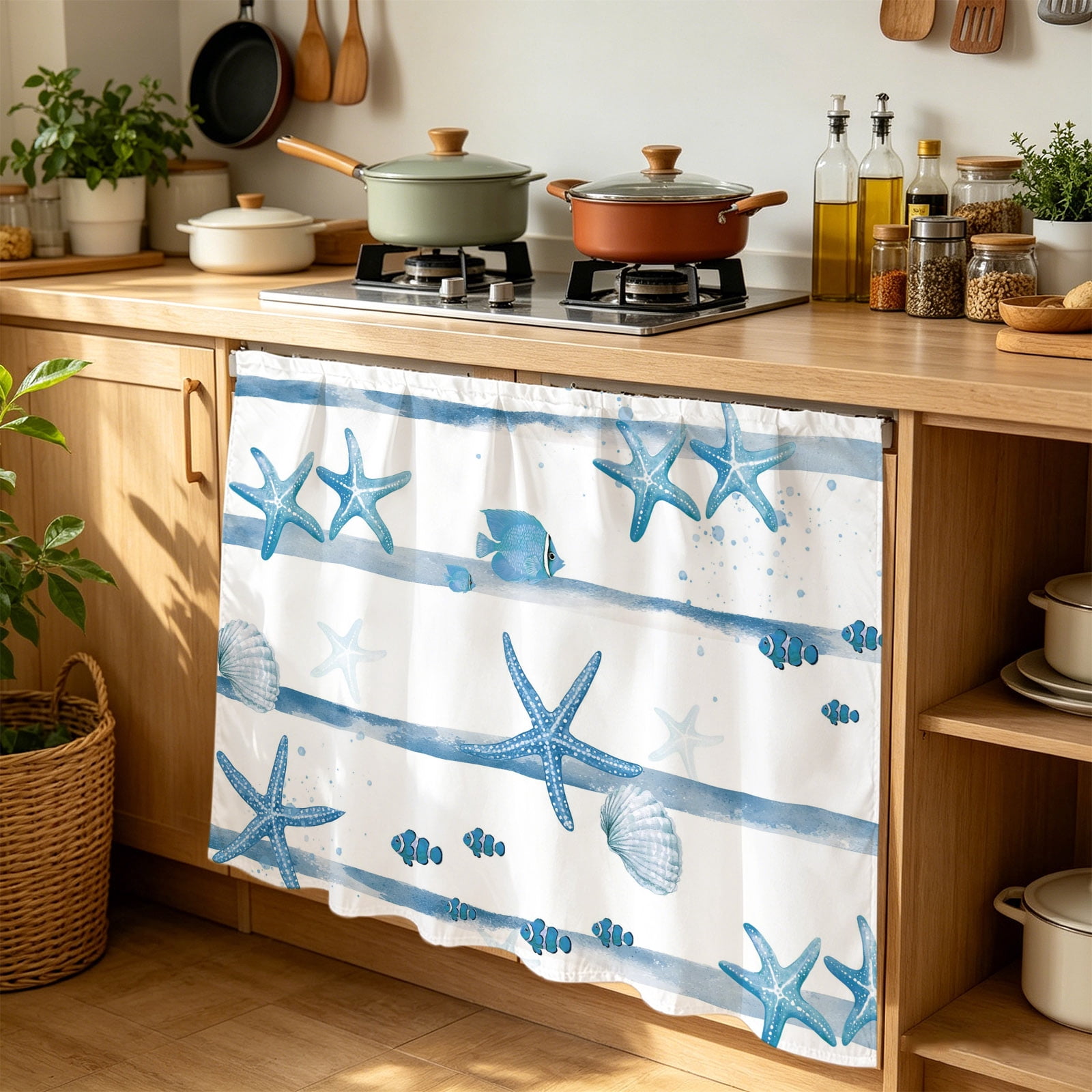 Blue Sea Star Cabinet Curtains for Kitchen 35"W x 35"L, Summer Beach ...
