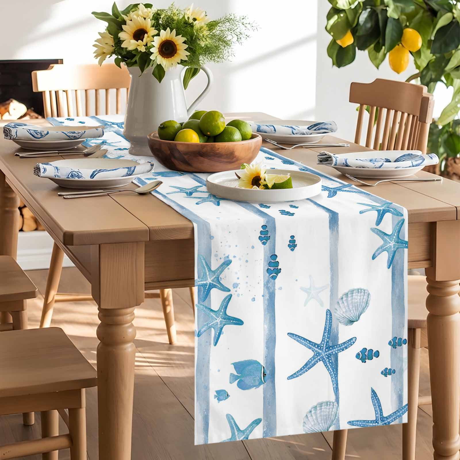 Blue Sea Star Table Runner, Summer Beach Fish Shell Sea Stars Blue ...