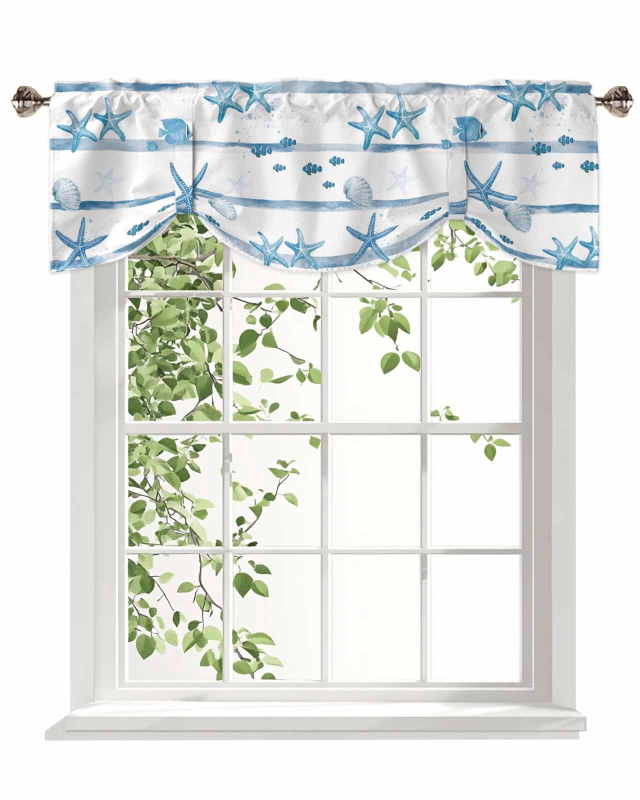 Blue Sea Star Tie Up Valances Curtain, Summer Beach Fish Shell Sea ...