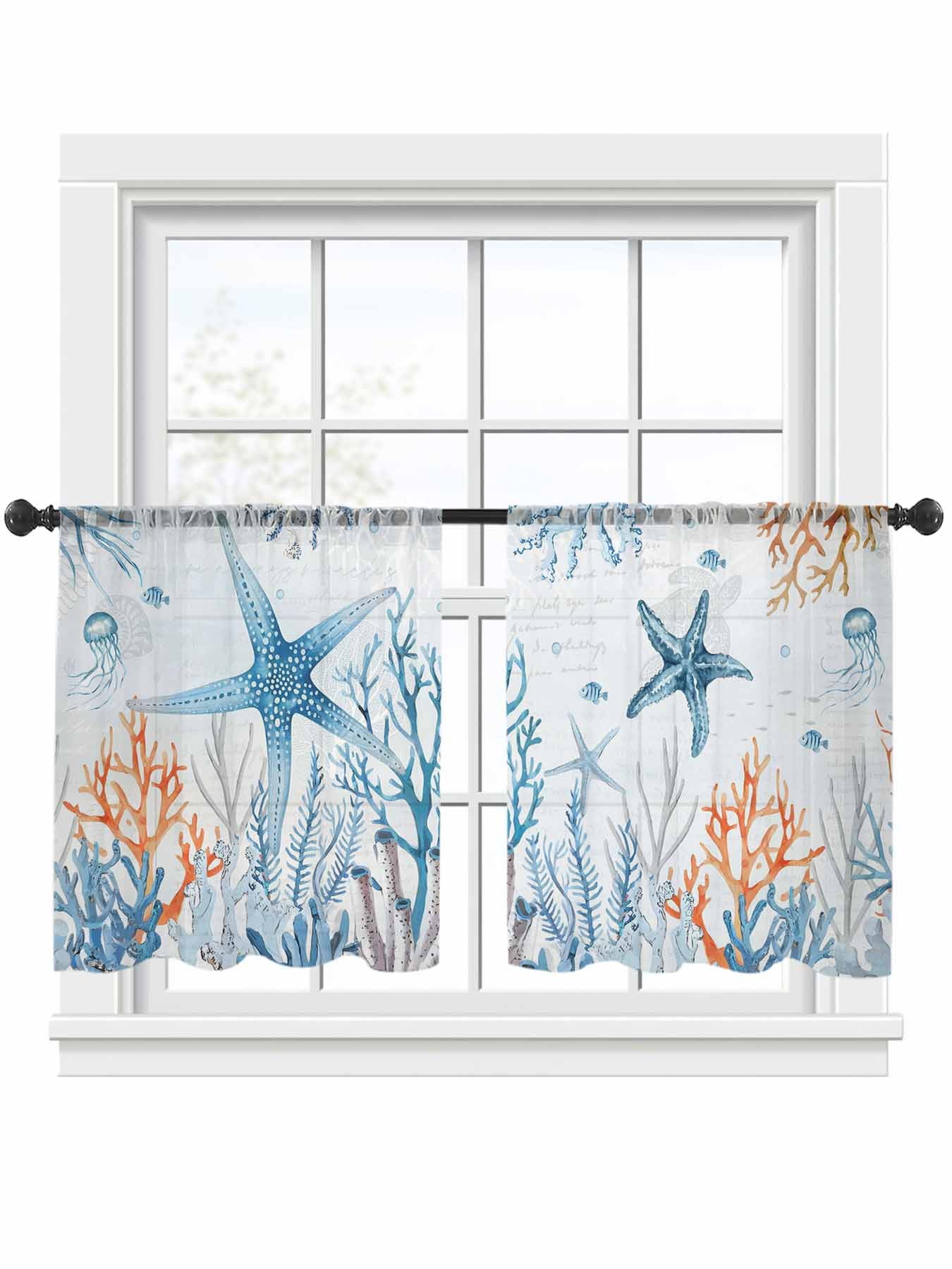 Blue Sea Starfish Sheer Curtains 54 Inch Length 2 Panels Set, Semi ...