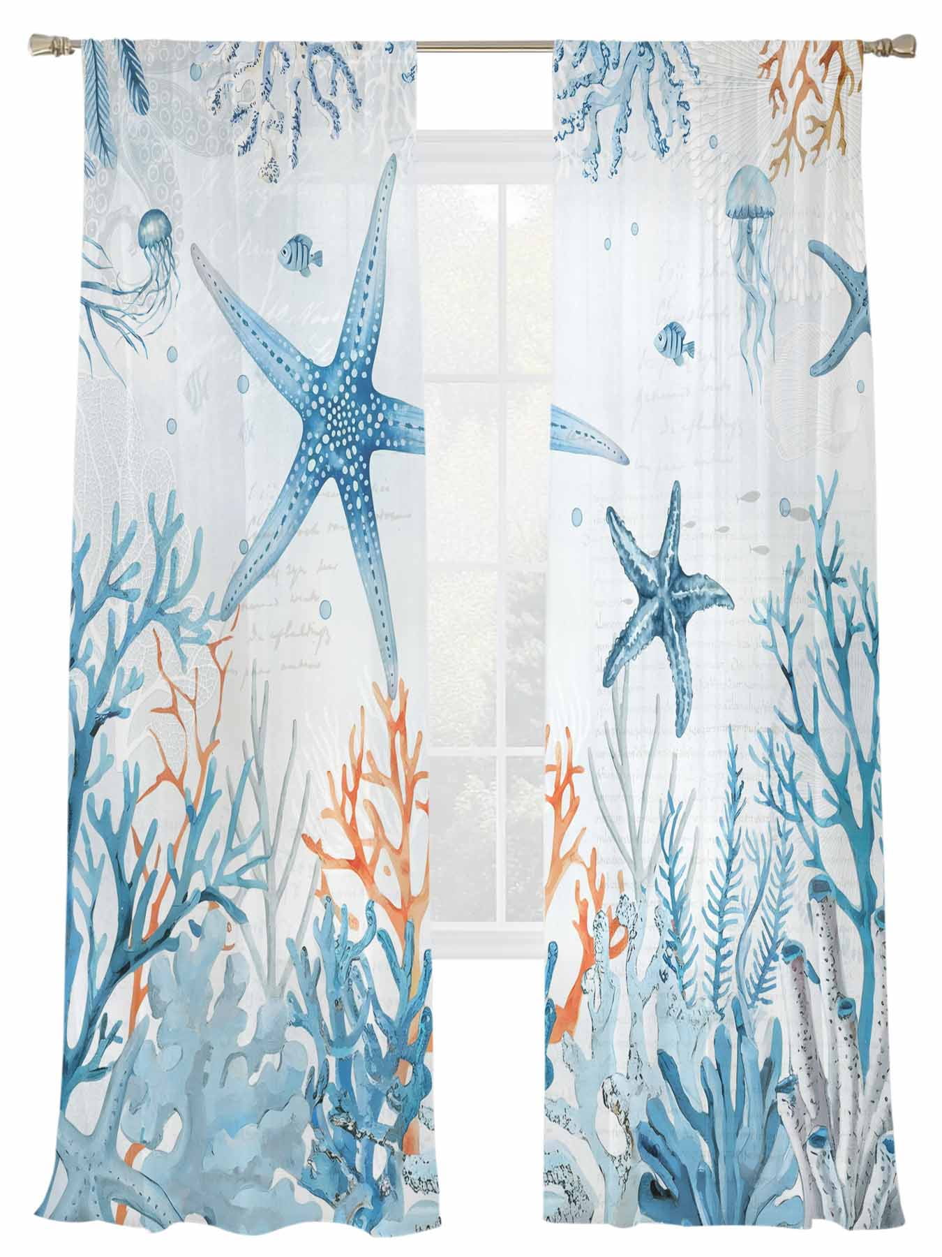 Blue Sea Starfish Sheer Curtains 96 Inch Length 2 Panels Set, Semi ...