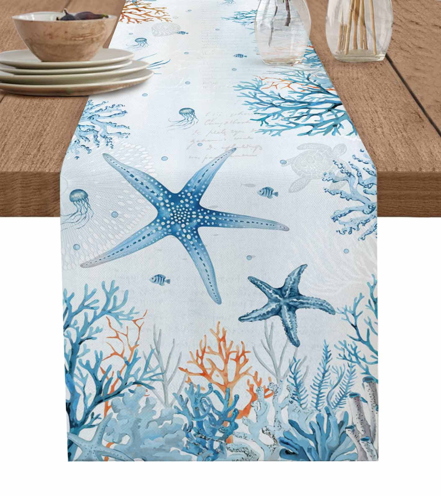 Blue Sea Starfish Table Runner Summer Ocean Coastal Coral Jellyfish ...