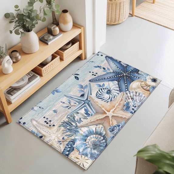 Blue Sea Stars Eucalyptus Leaves Rectangle Rug 2'x3' Retro Wood Board ...