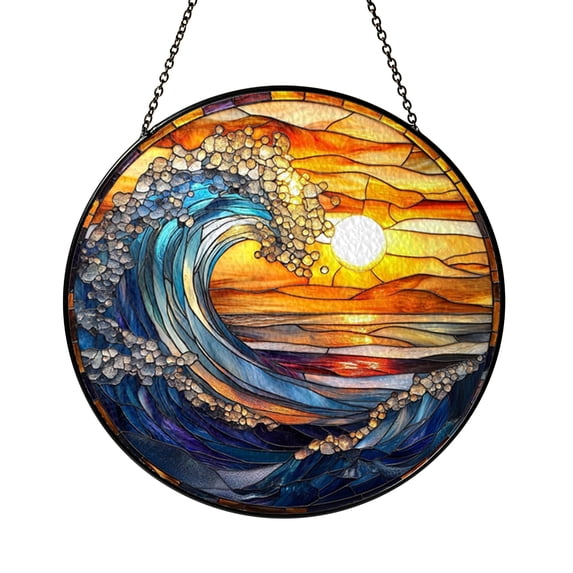 Blue Sea Sunset Wave Stained Glass Suncatcher Panel, Decorative Window ...