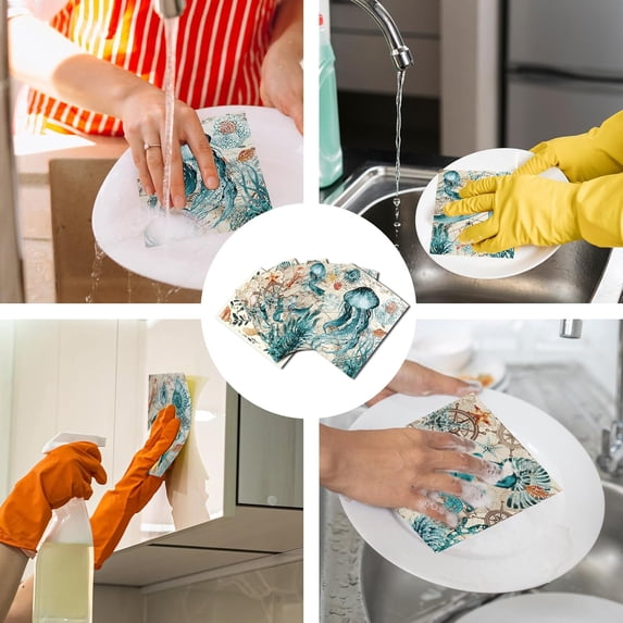 Blue Sea Swedish Dishcloths for Kitchen, 6 Pack Reusable Sea Animal ...
