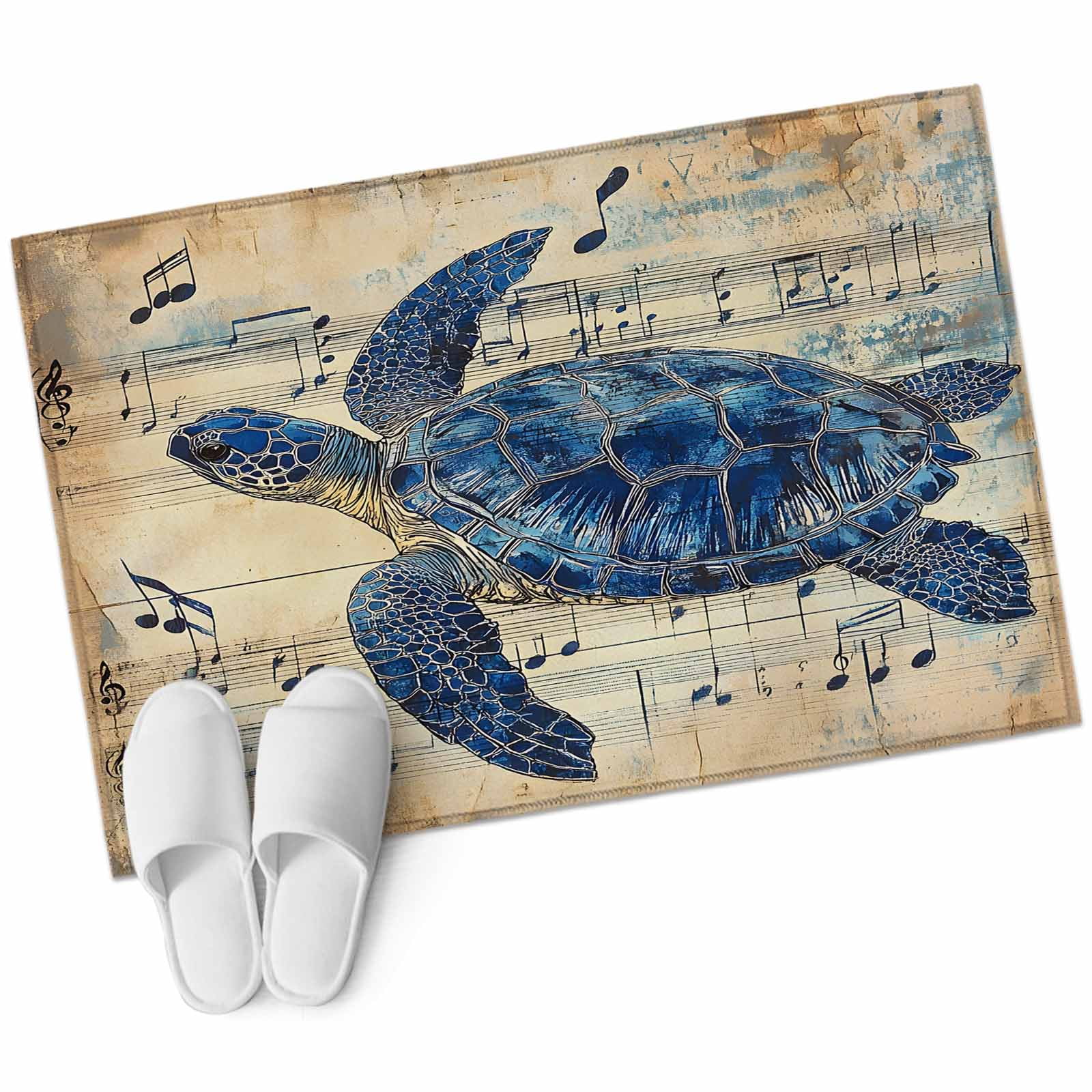 Blue Sea Turtle 2'x3' Washable Rug, Vintage Coastal Sheet Music Non ...