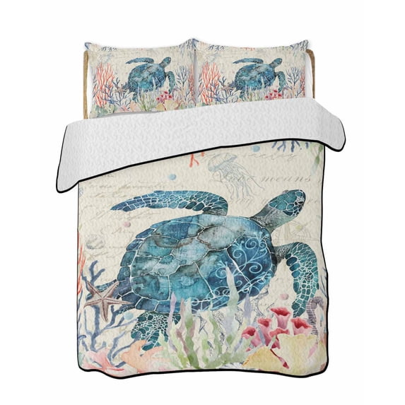 Blue Sea Turtle 3 Pieces Quilt Set, 1 Quilt with 2 Shams, Watercolor ...
