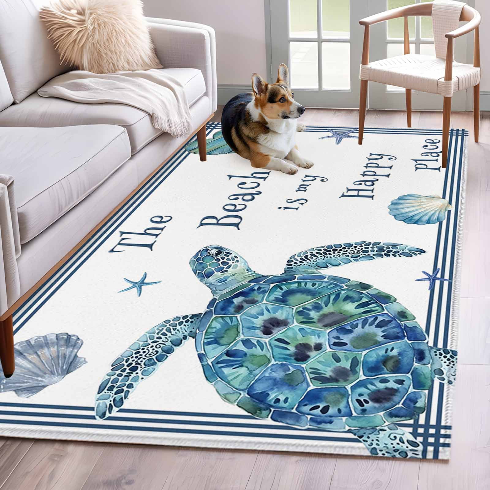 Blue Sea Turtle 4'x6' Area Rugs Watercolor Beach Happy Place Seashell ...