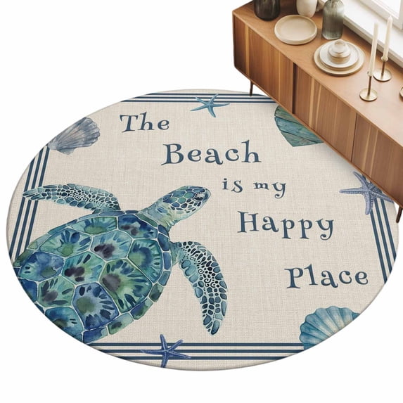 Blue Sea Turtle 4ft Non Slip Round Area Rug Beach Happy Place Seashell ...