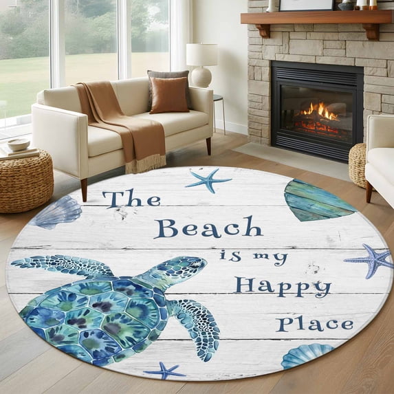 Blue Sea Turtle 6FT Round Area Rugs for Living Room Beach Happy Place ...