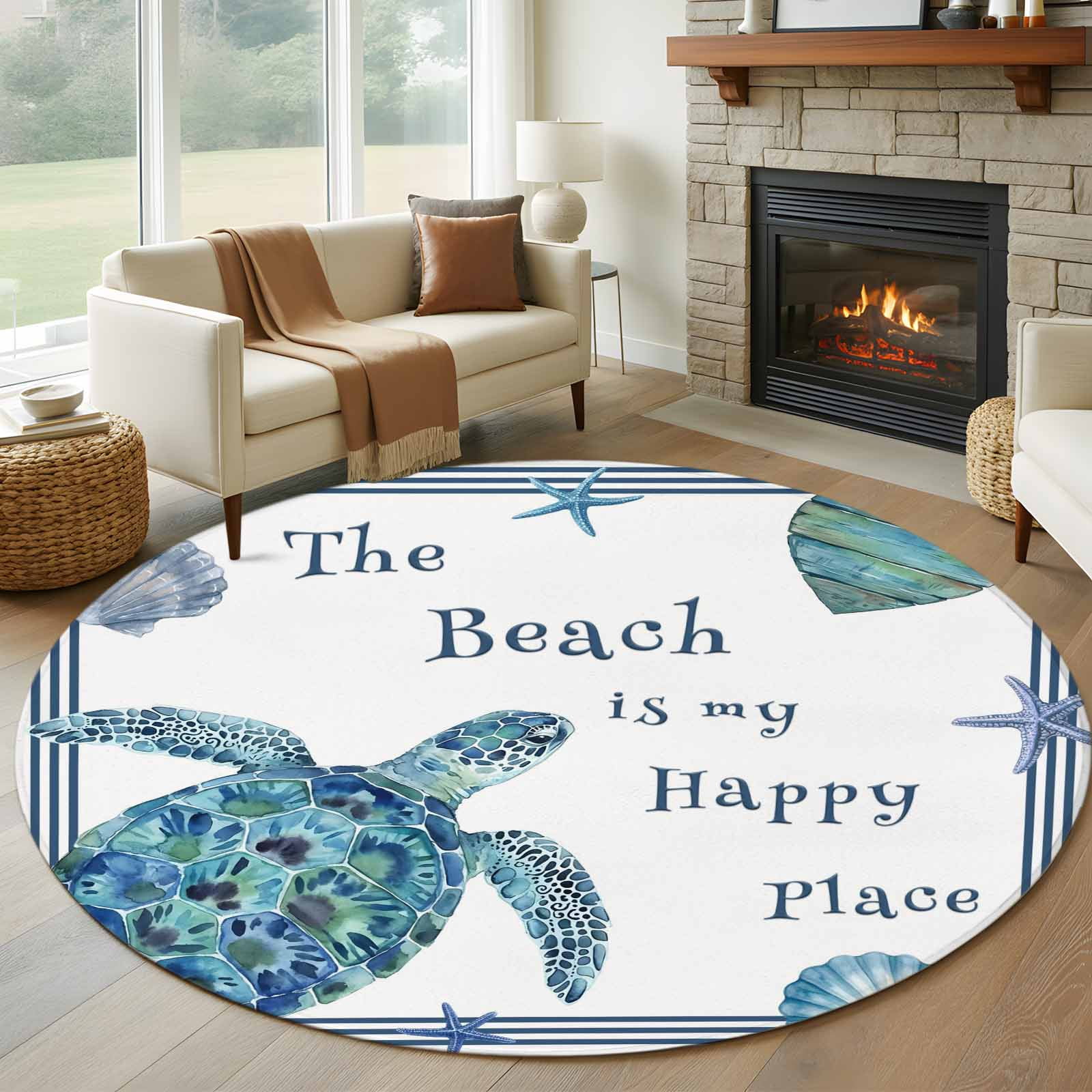 Blue Sea Turtle 7FT Round Area Rugs for Living Room Watercolor Beach ...