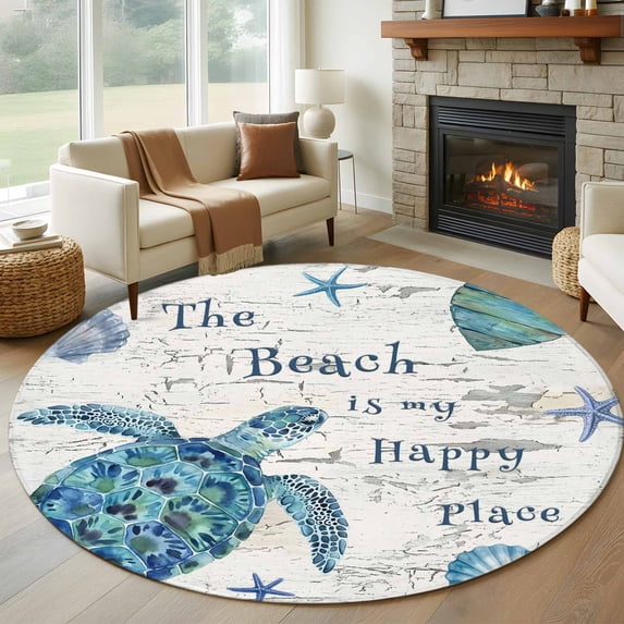 Blue Sea Turtle 8FT Round Area Rugs for Living Room Beach Happy Place ...