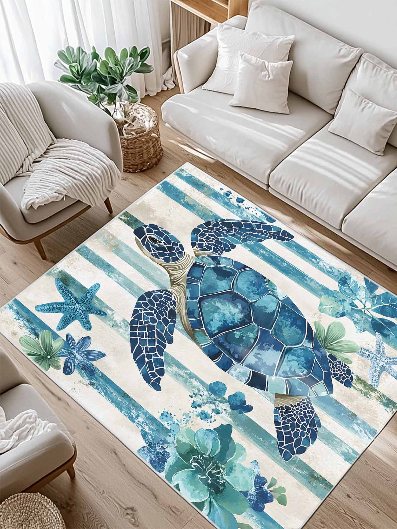 Blue Sea Turtle Area Rug for Bedroom 4x6 Ft Blue Floral Starfish Retro ...