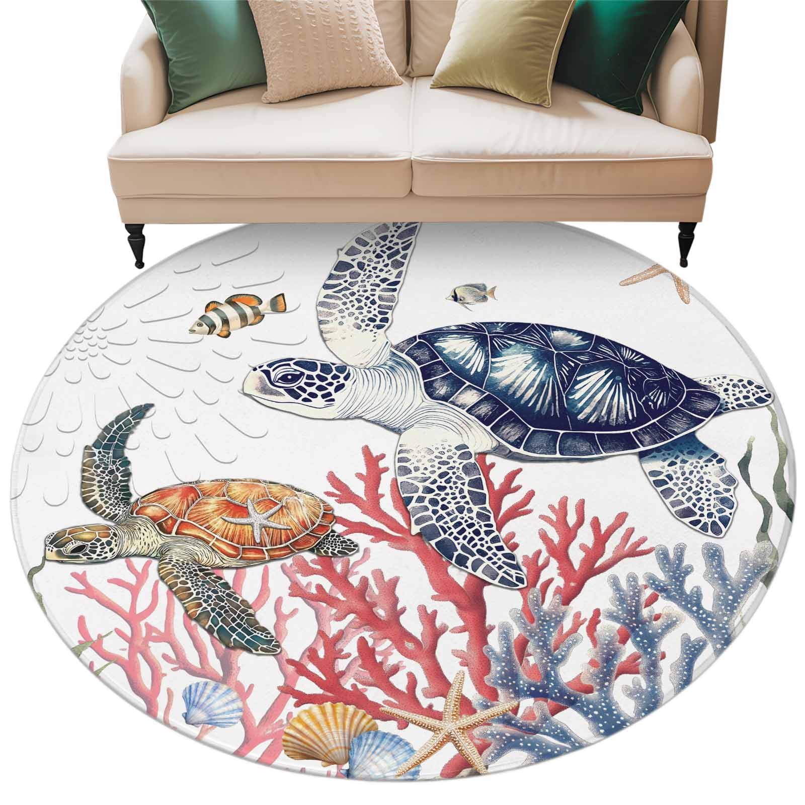 Blue Sea Turtle Area Rug, Ocean Coral Fish Washable Large Circle Carpet ...