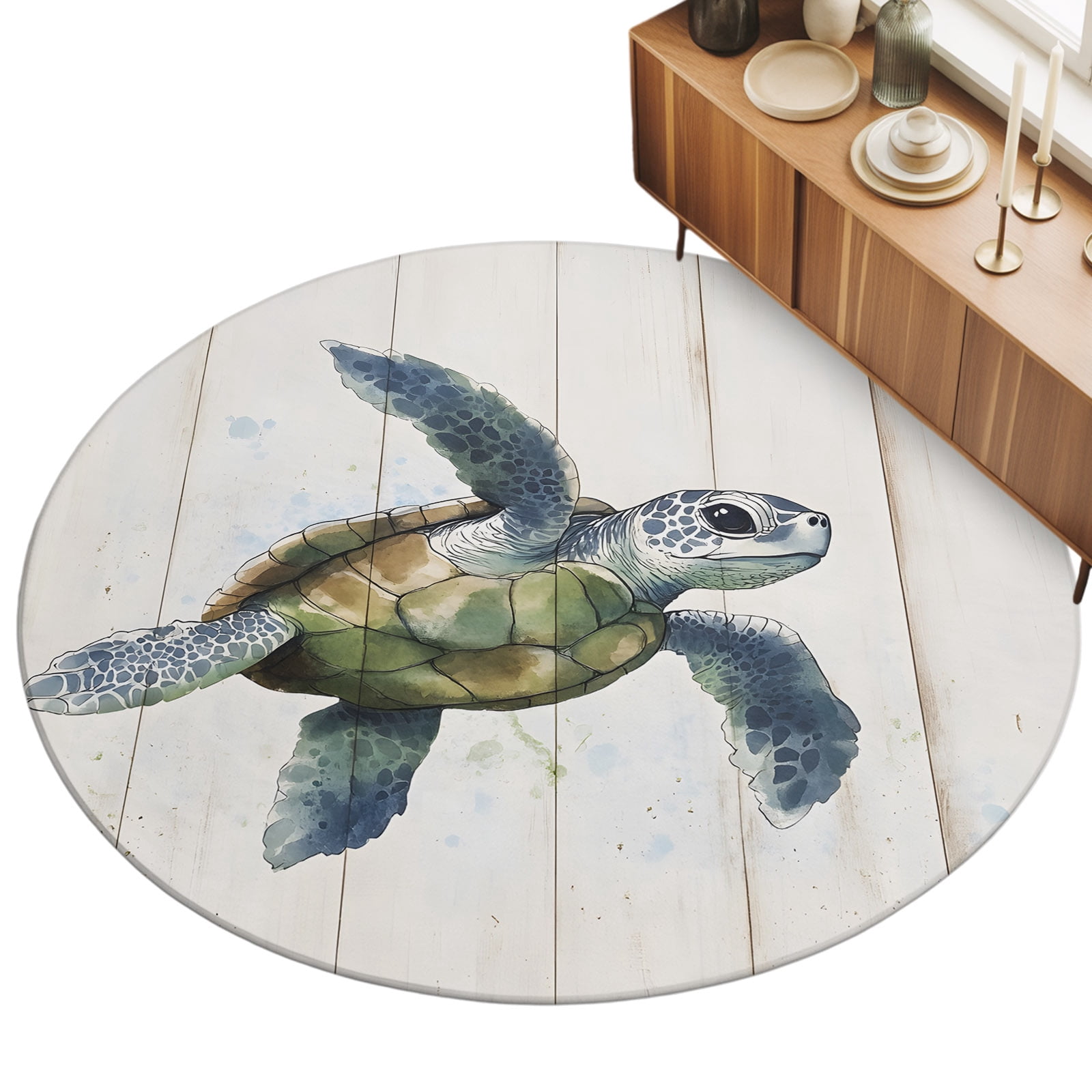 Blue Sea Turtle Area Rugs 3.3' (Round) Wood Grain Floor Rug Non Slip ...