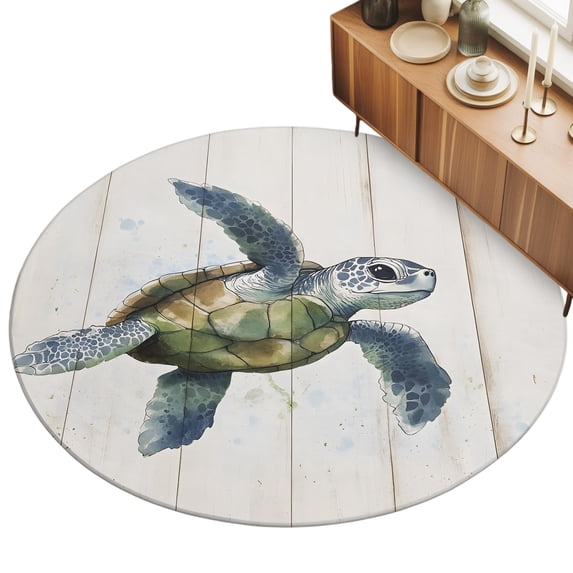 Blue Sea Turtle Area Rugs 3.3' (Round) Wood Grain Floor Rug Non Slip ...