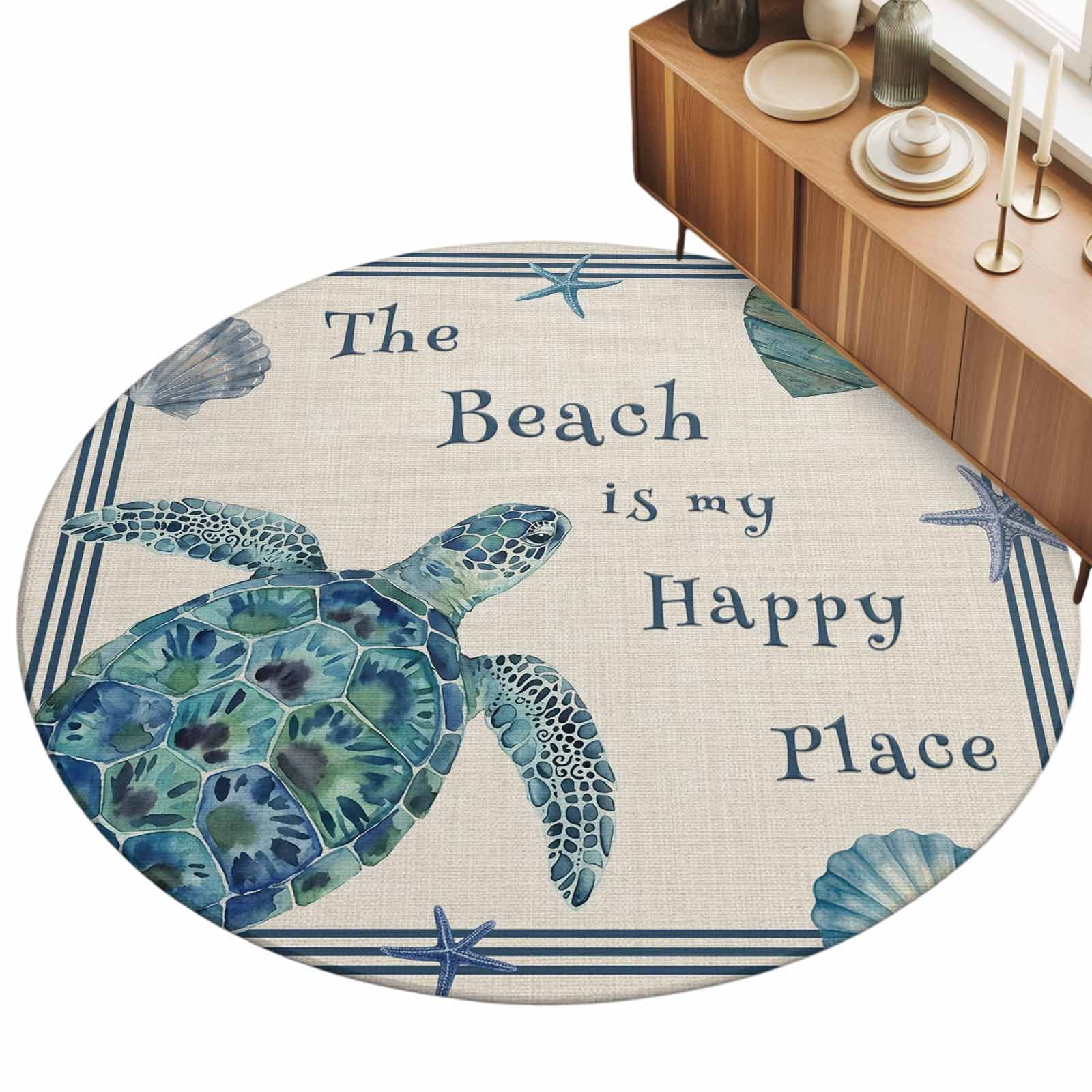Blue Sea Turtle Area Rugs 3' (Round) Beach Happy Place Seashell ...