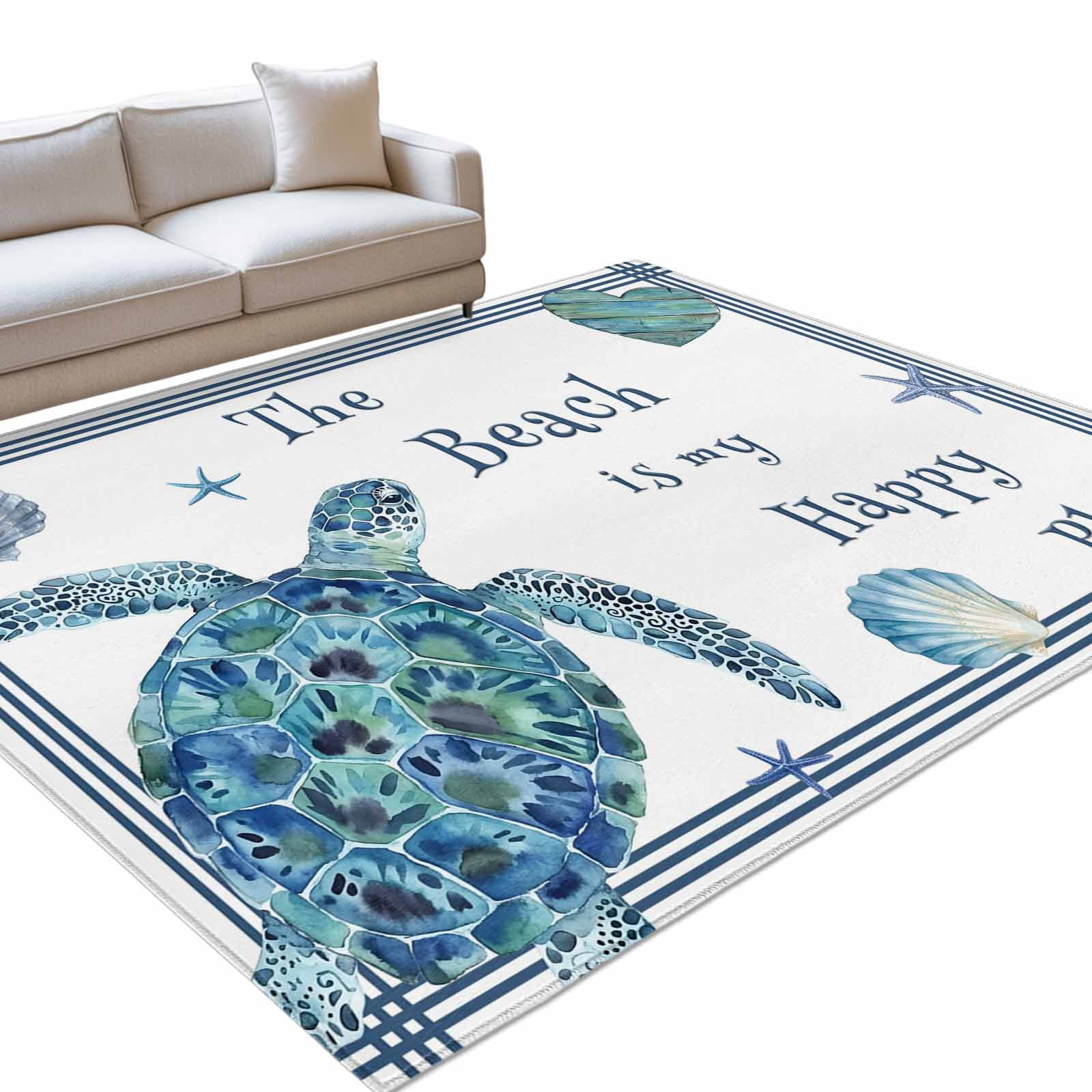 Blue Sea Turtle Area Rugs 8x10ft Watercolor Beach Happy Place Seashell ...