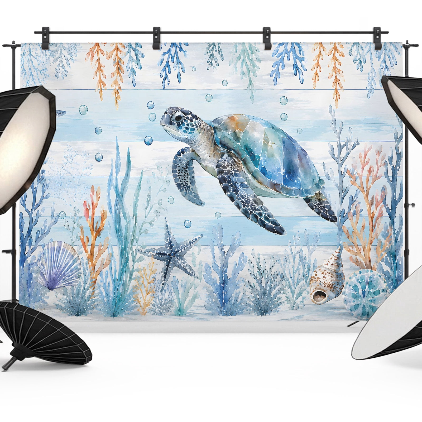Blue Sea Turtle Backdrops for Photography, Nautical Coastal Starfish ...