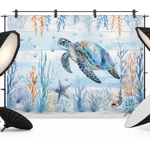 Blue Sea Turtle Backdrops for Photography, Nautical Coastal Starfish ...