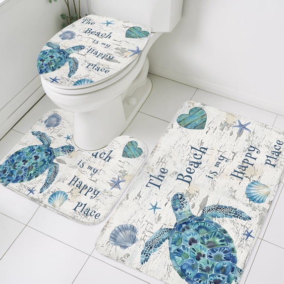 Blue Sea Turtle Bathroom Rugs Set Beach Happy Place Seashell Starfish ...