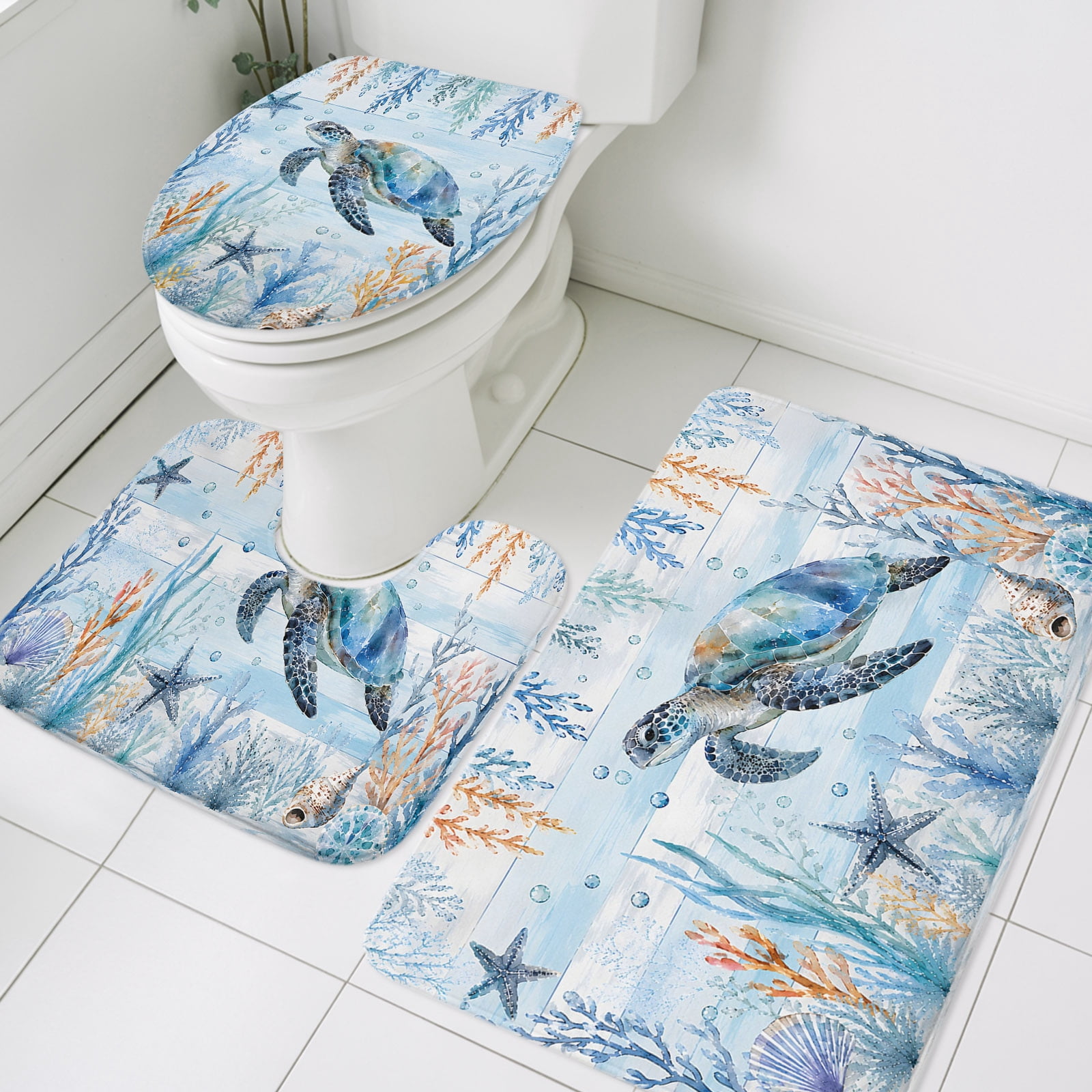 Blue Sea Turtle Bathroom Rugs Set Nautical Coastal Starfish Shell ...