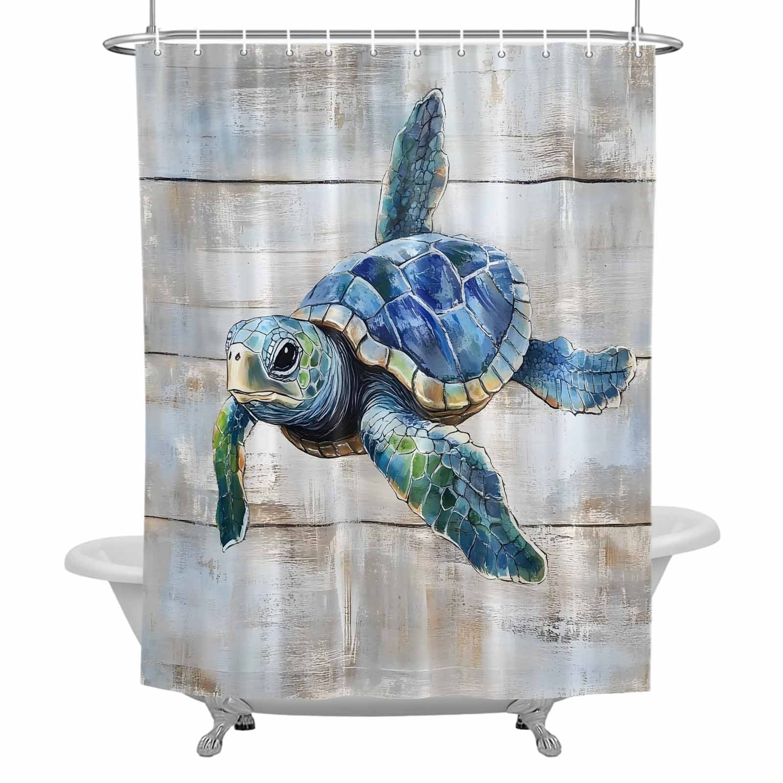 Blue Sea Turtle Bathroom Shower Curtain, Vintage Wood Grain Retro ...