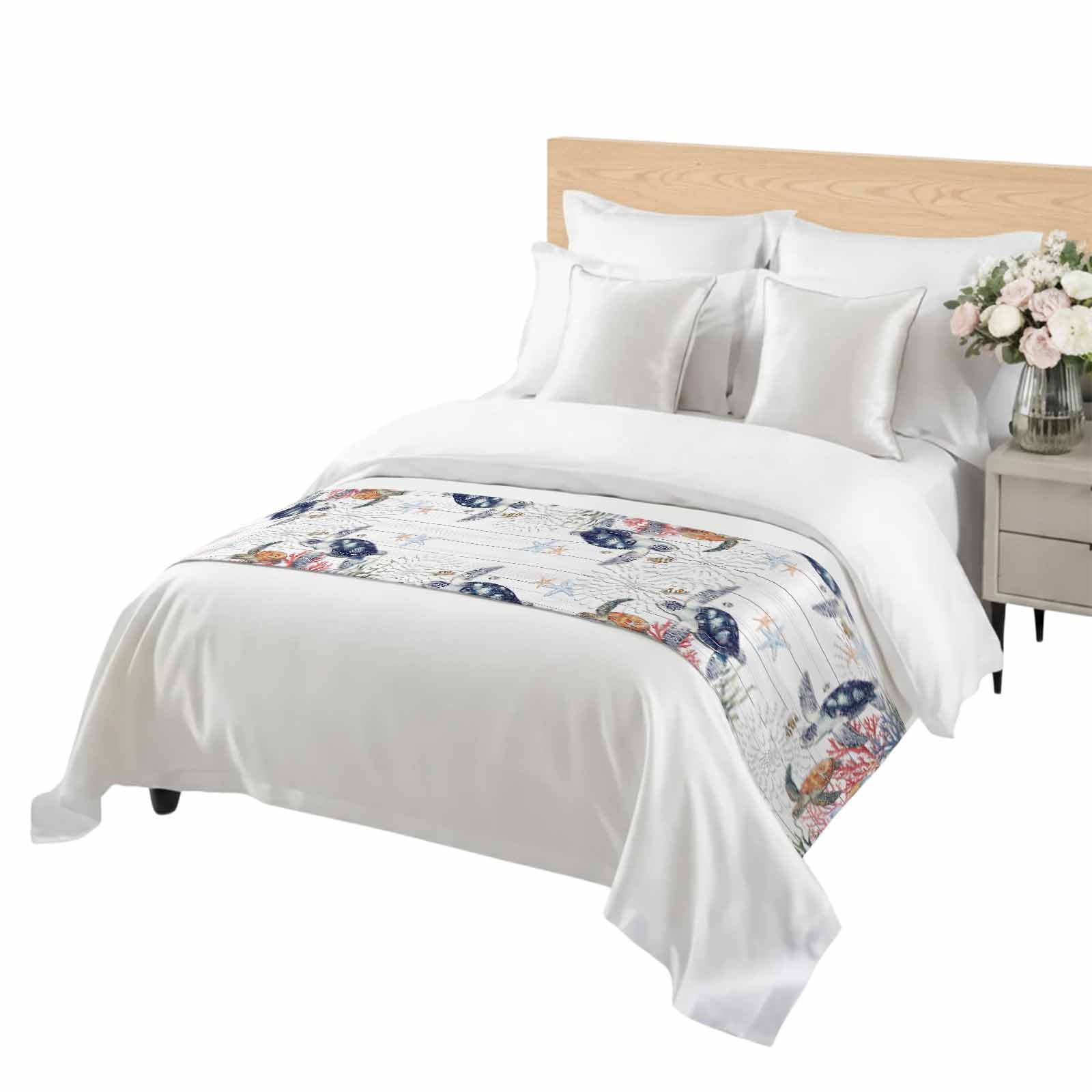 Blue Sea Turtle Bed Runner Queen Size Coral Wood Grain Soft Bed Scarf ...