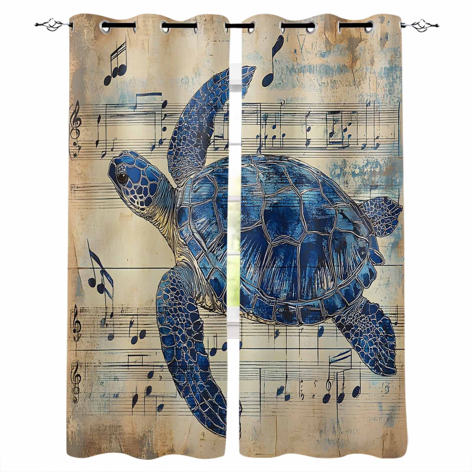 Blue Sea Turtle Blackout Curtains 54 Inches Long, Vintage Coastal Sheet ...