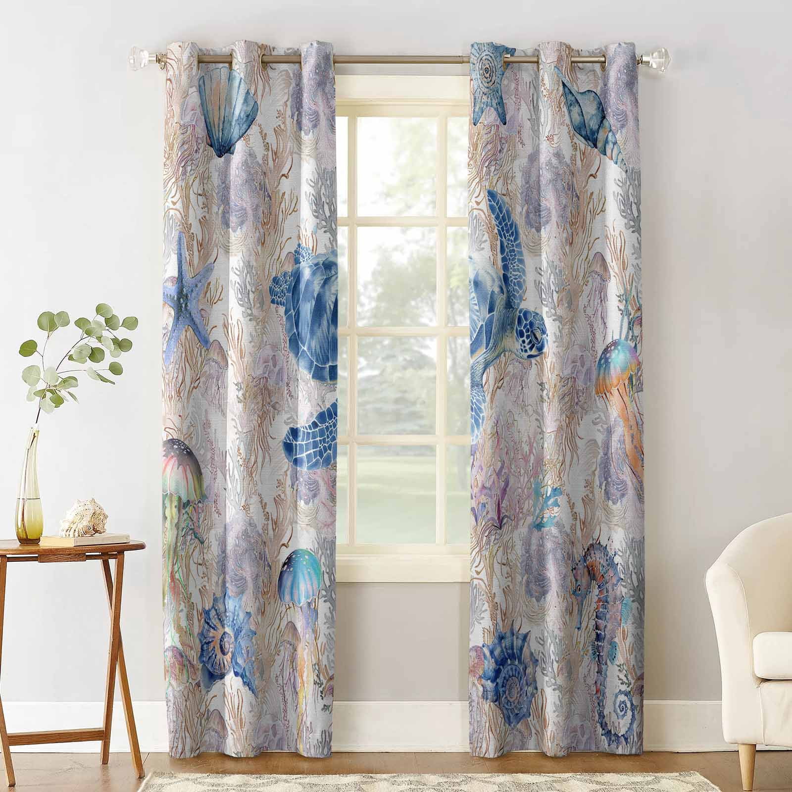 Blue Sea Turtle Blackout Curtains 63 Inches Length, Coastal Starfish ...