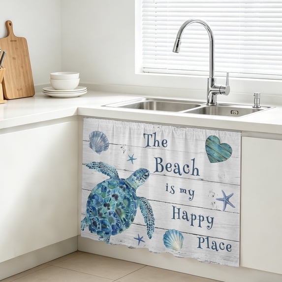 Blue Sea Turtle Cabinet Curtain, Beach Happy Place Seashell Starfish ...