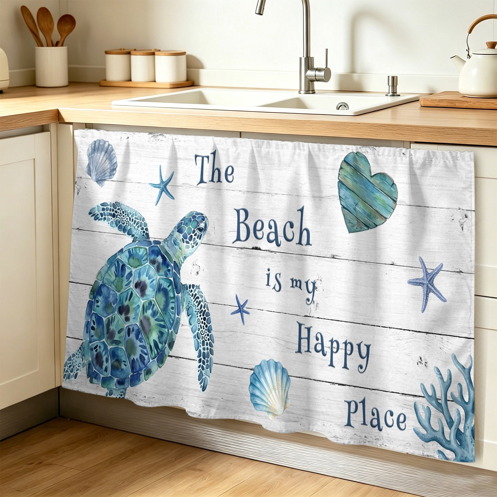 Blue Sea Turtle Cabinet Curtain, Beach Happy Place Seashell Starfish ...
