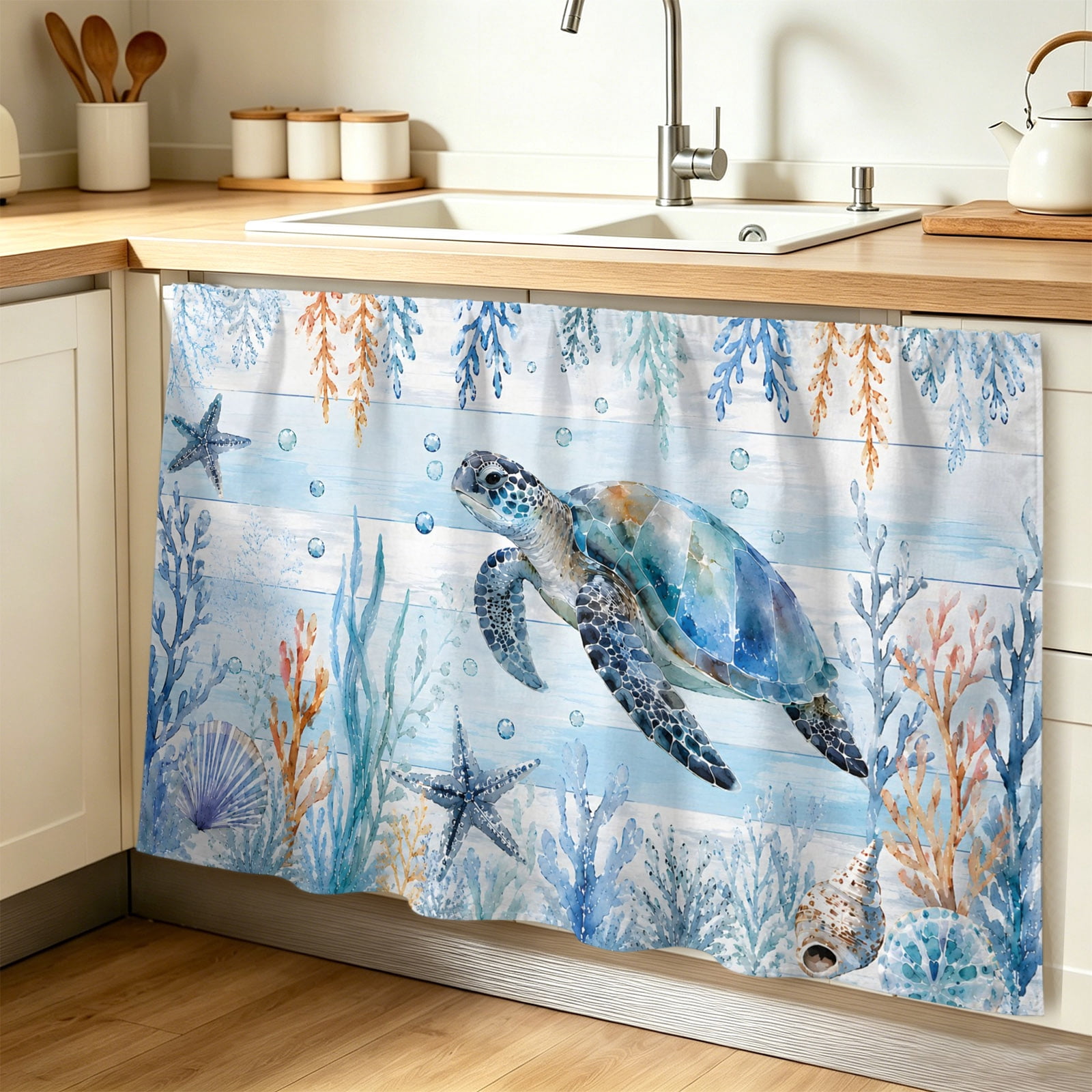 Blue Sea Turtle Cabinet Curtain, Nautical Coastal Starfish Shell Bubble ...